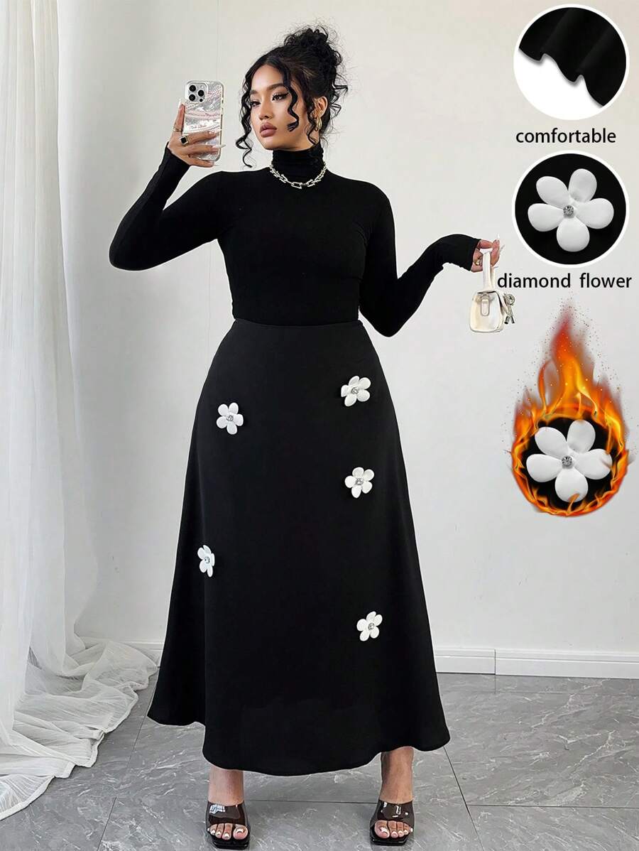 SHEIN Privé Plus Size Women 3D Flower Rhinestone Decor Mermaid Hem ...