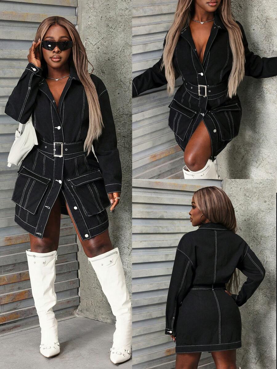 SHEIN Slayr Vestido de mezclilla negro con costuras de contraste para ...