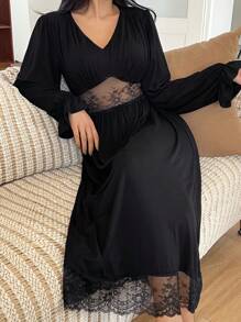 DAZY Camicia da notte in tessuto a maglia con scollo a V, inserti in ...