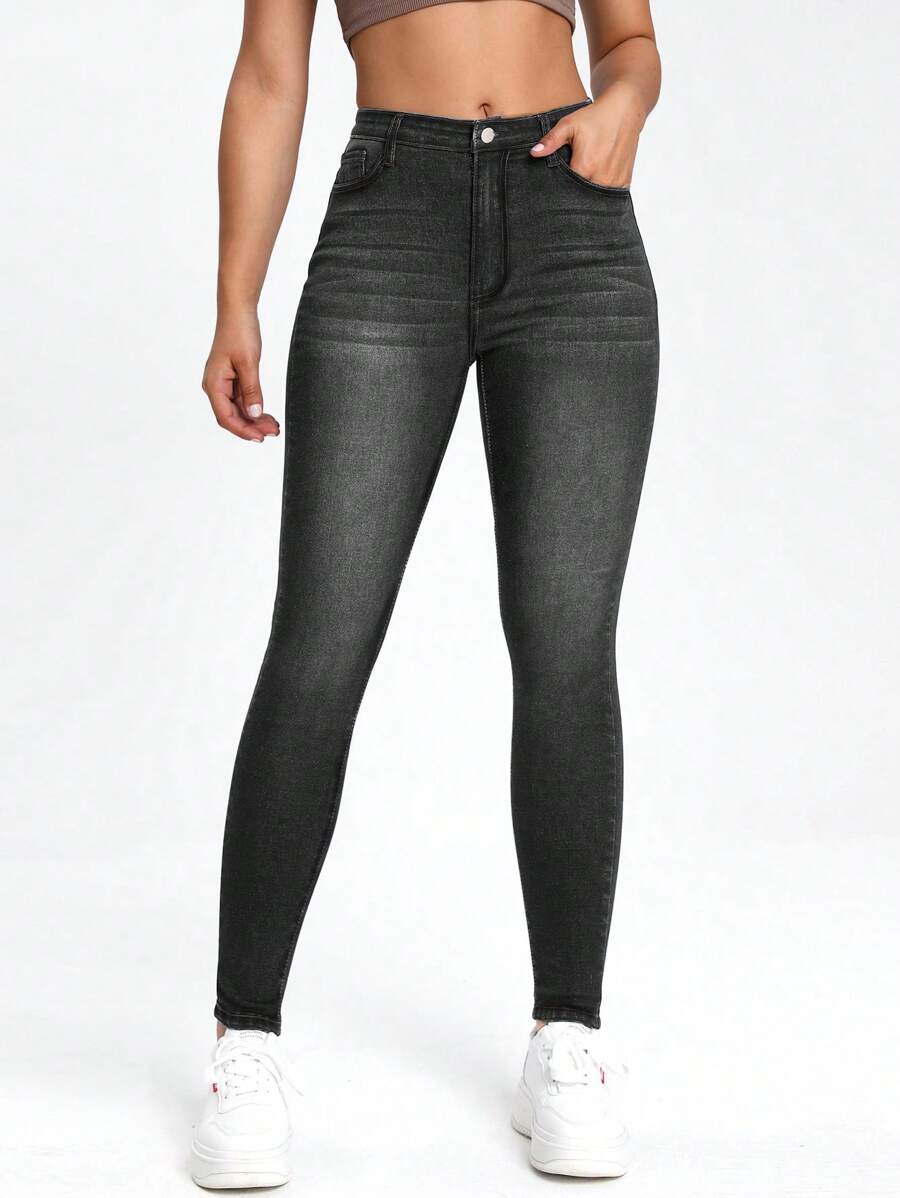 SHEIN Essnce Women's Casual Front Button Pocket Simple Jean Pants ...