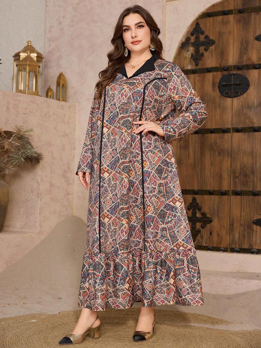 SHEIN Najma Plus Size Loose Flaring A-Line Crew Neck Arabic Style Dress ...