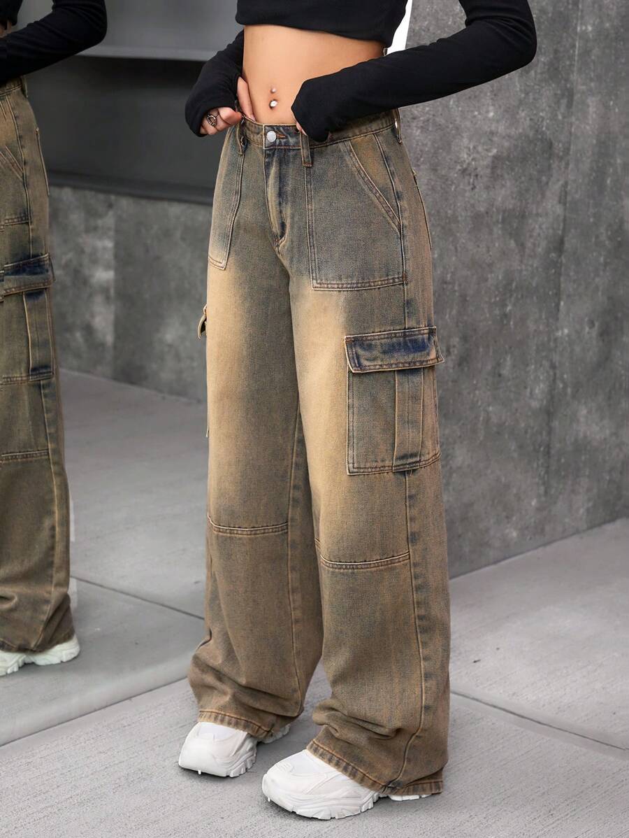 SHEIN Teen Girls Y2K Retro Vintage Blue Low Rise Flap Pocket Wide Leg ...