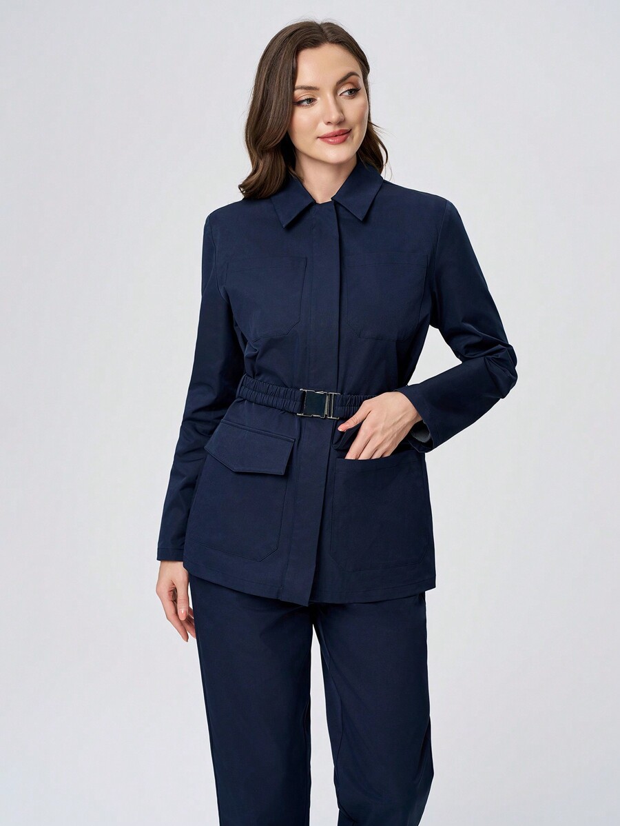 SHEIN TaskFit Removable Waist Band Design Shirt Collar Uniform Jacket ...