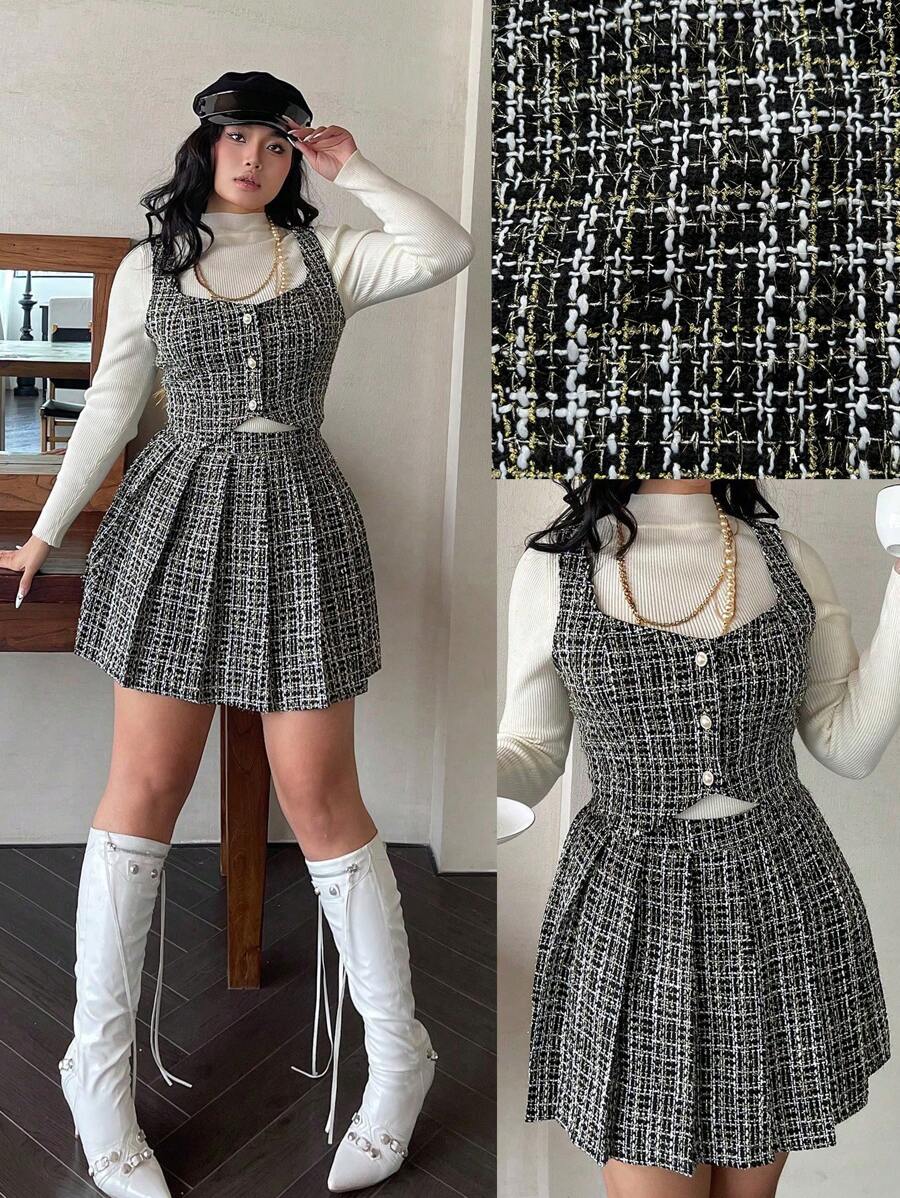 Celure 2pcs/Set Plus Size Thick Knit Vest And Pleated Skirt | SHEIN USA