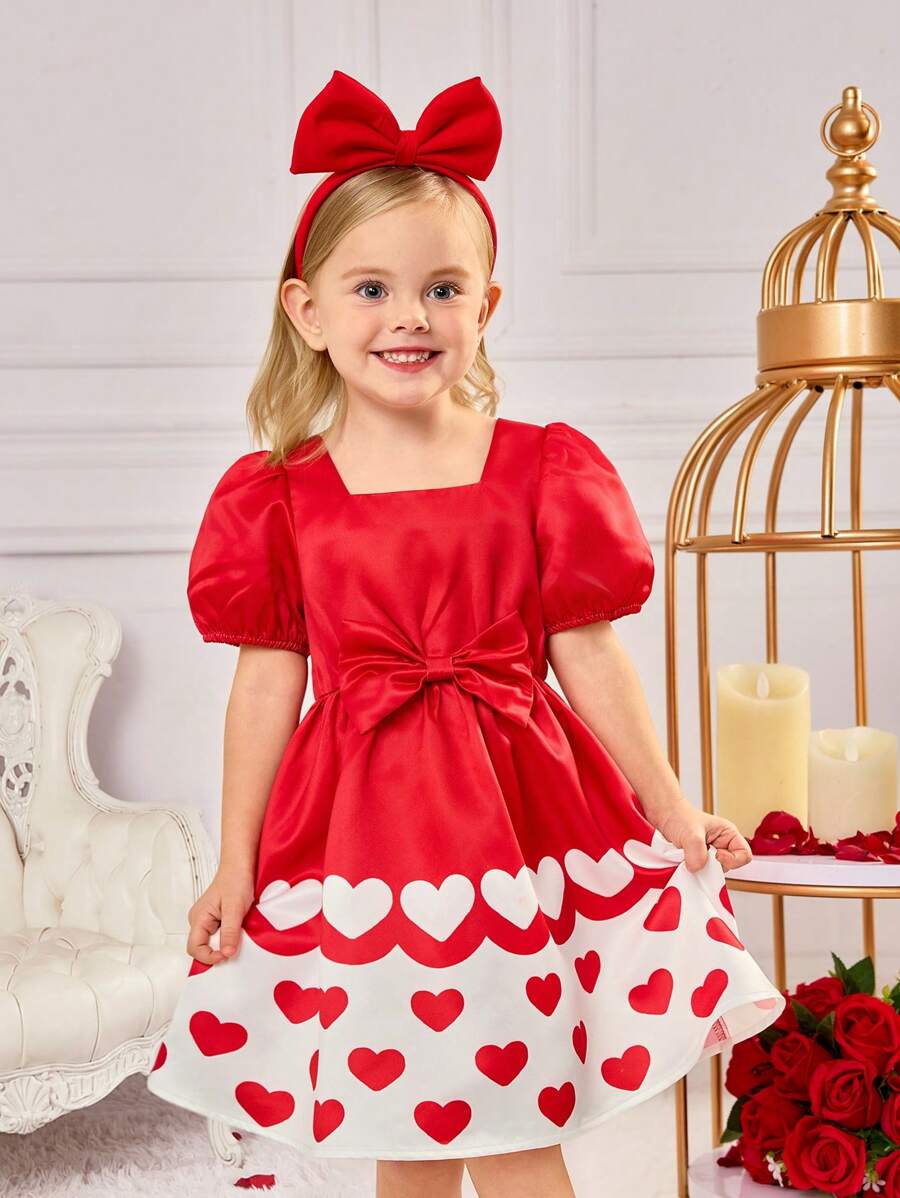 SHEIN Fern Glow Cute Summer Red Splice Heart Pattern Short Sleeve Dress ...
