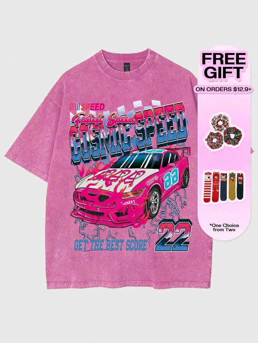 ROMWE MEN Street Life Men's Vintage Race Car Print Washed And ...