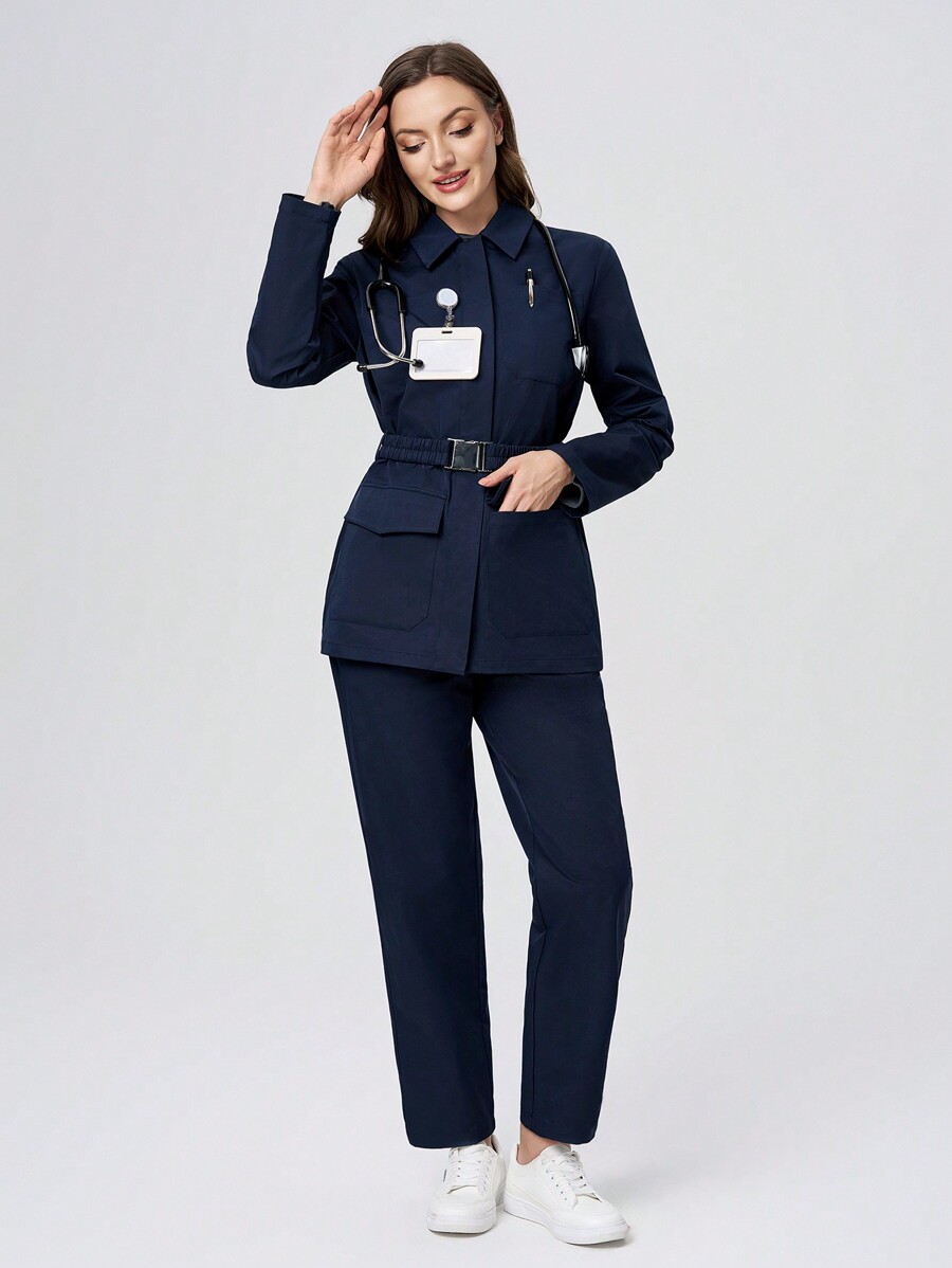 SHEIN TaskFit Removable Waist Band Design Shirt Collar Uniform Jacket ...