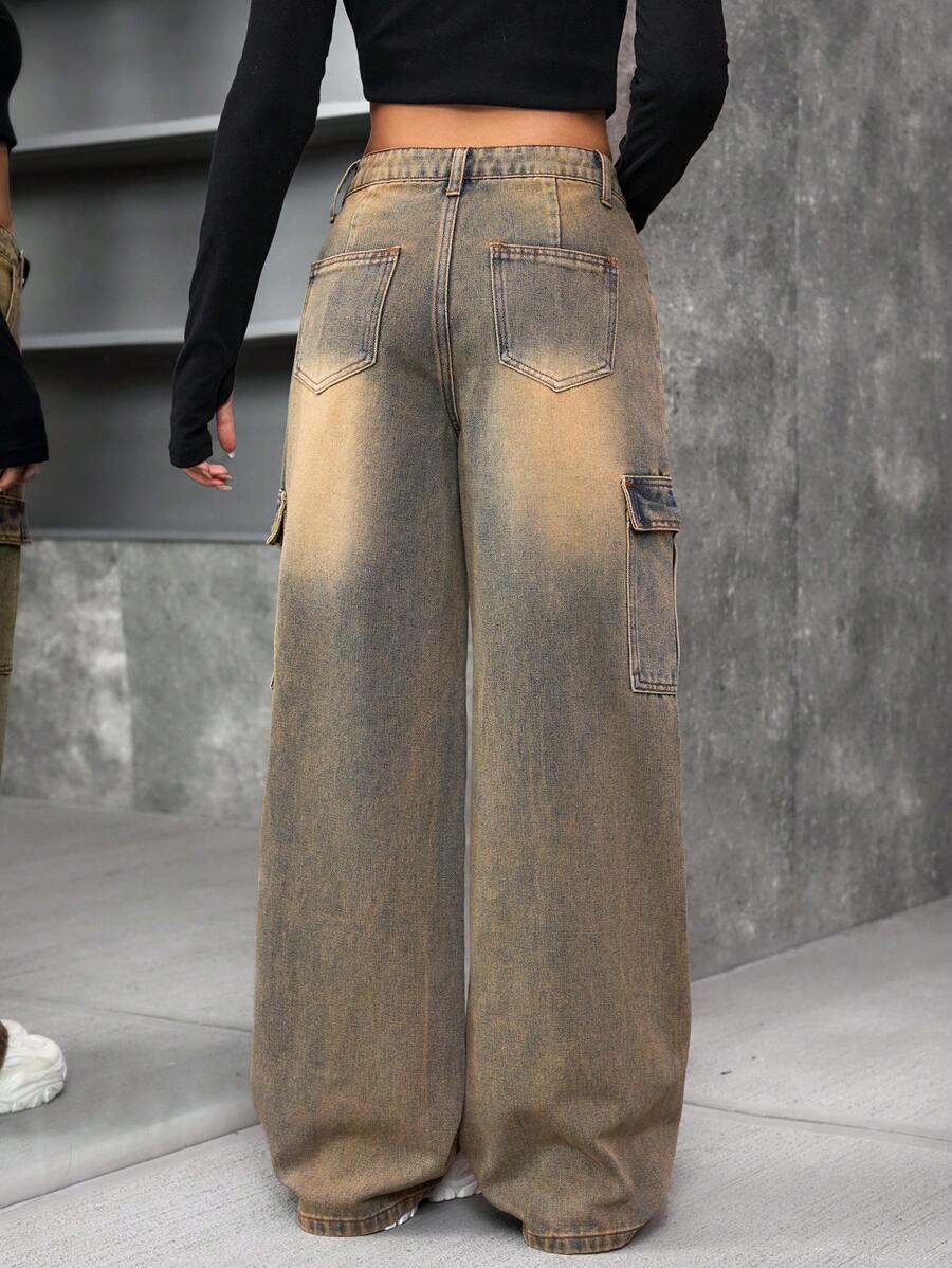 SHEIN Teen Girls Y2K Retro Vintage Blue Low Rise Flap Pocket Wide Leg ...