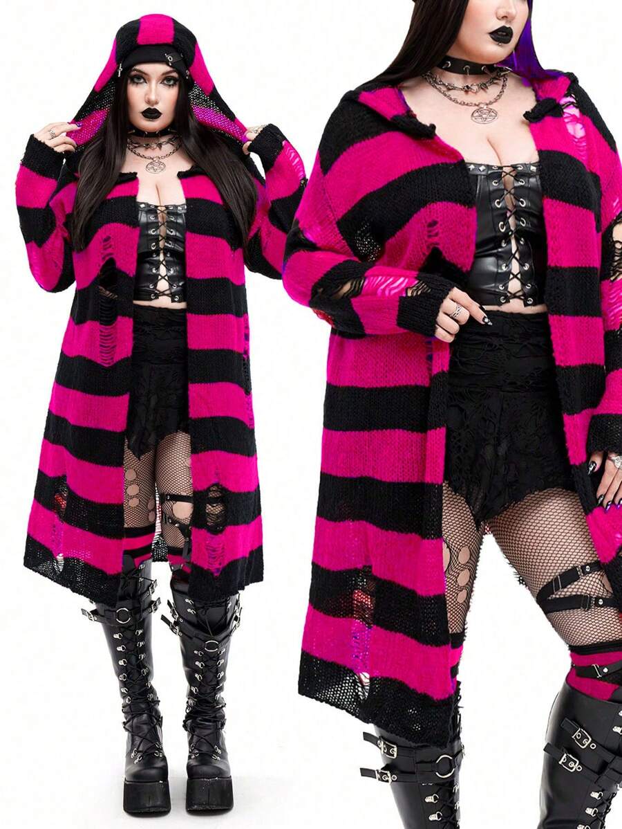 Whyspr Plus Size Dark Punk Gothic Style Color Block Hooded Cardigan ...