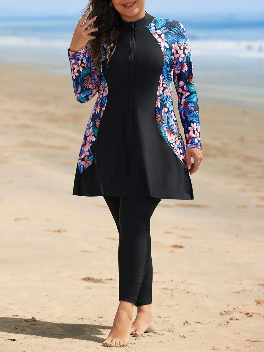 Swim Mulvari 2pcs Plus Size Printed Mix Solid Color Round Neck ...