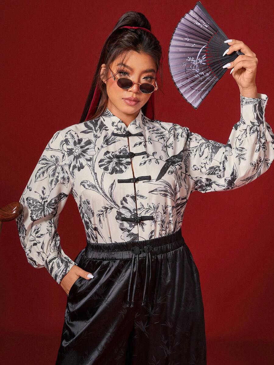 SHEIN VCAY Plus Size Chinese Style Floral Print Frog Button Down Shirt ...