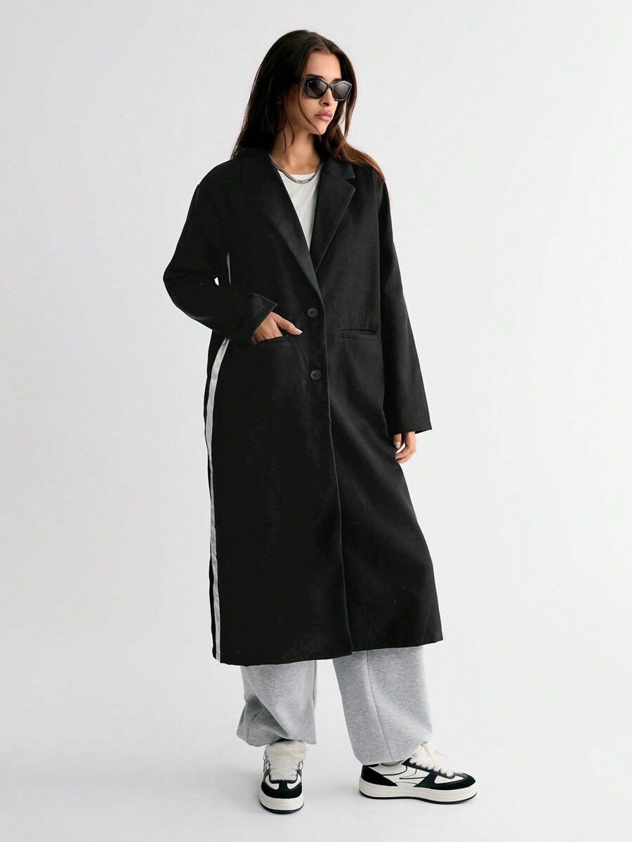 SHEIN HypeZone Black Long Wool Coat With Contrast White Trim | SHEIN UK