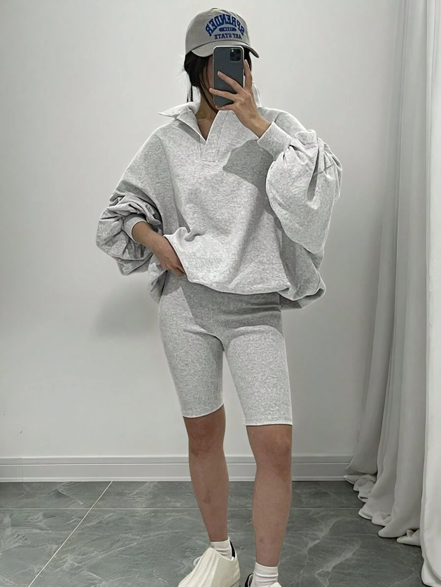 INAWLY Women 2pcs Set Bat Wing Solid Color Sweatshirt And Shorts Lounge ...