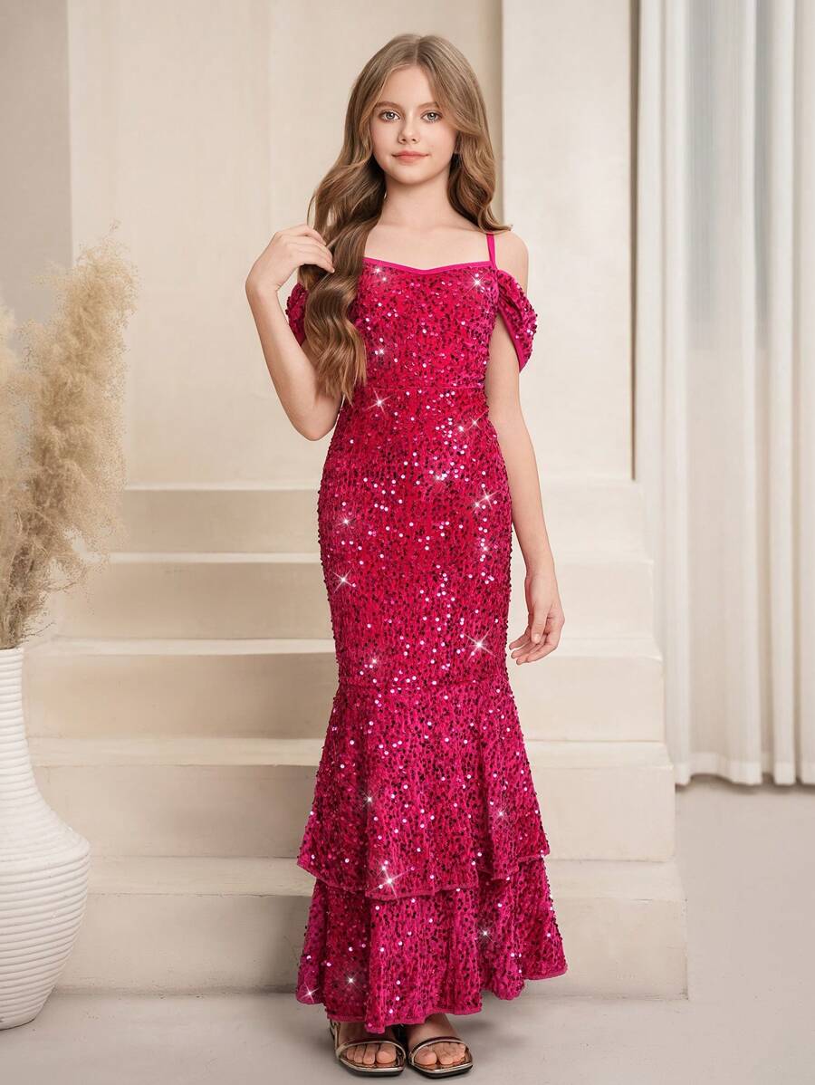 SHEIN Tween Girls Sequin & Bead Off Shoulder Mermaid Dress, Elegant Fit ...