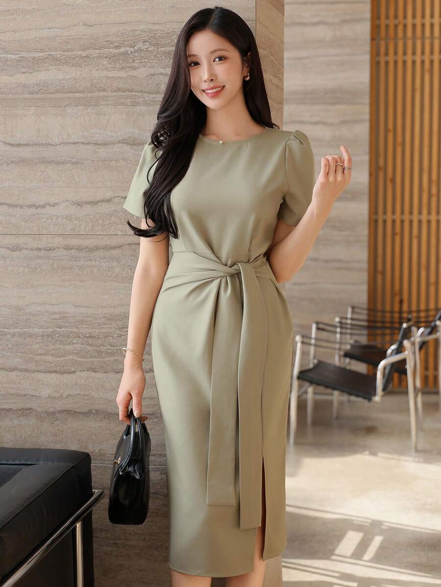 DAZY Women's Summer Solid Color Tie Neck Midi Dress Sundress | SHEIN USA