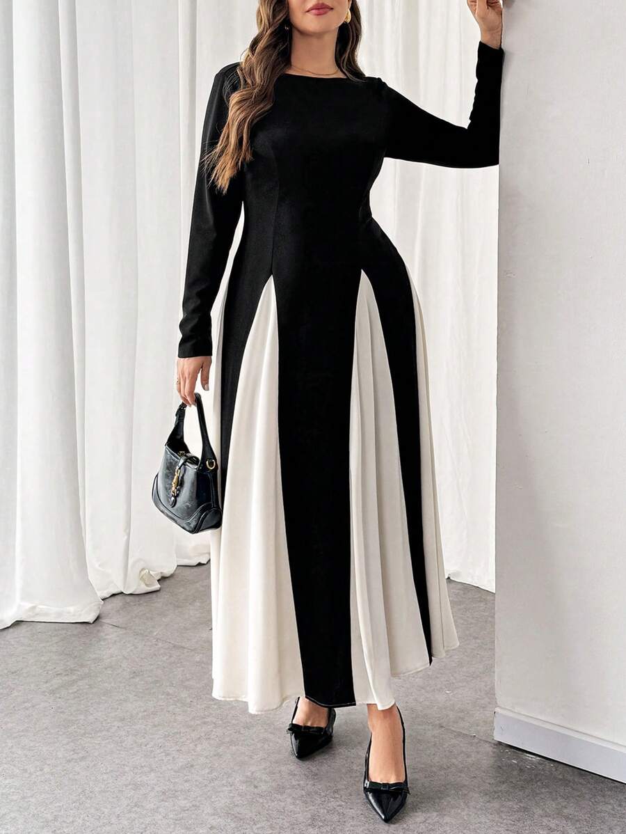 Firerie Plus Size Elegant Colorblock Patchwork Long Dress, Suitable For ...