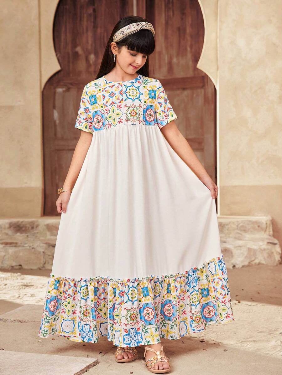 SHEIN Tween Girl Ramadan Loose Color Block Round Neck Dress | SHEIN UK