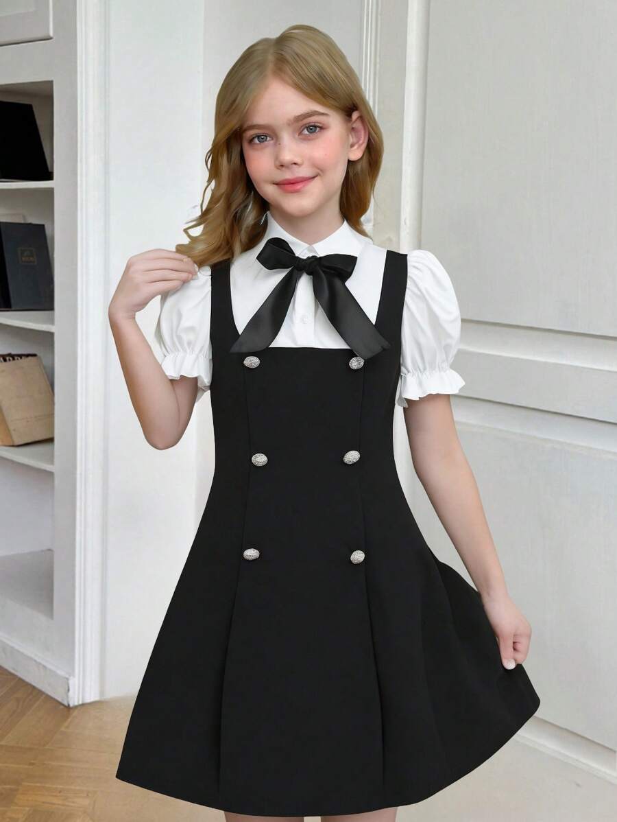 SHEIN Tween Girl Elegant Cute Collared 2 In 1 Puff Sleeve Bow Decor ...