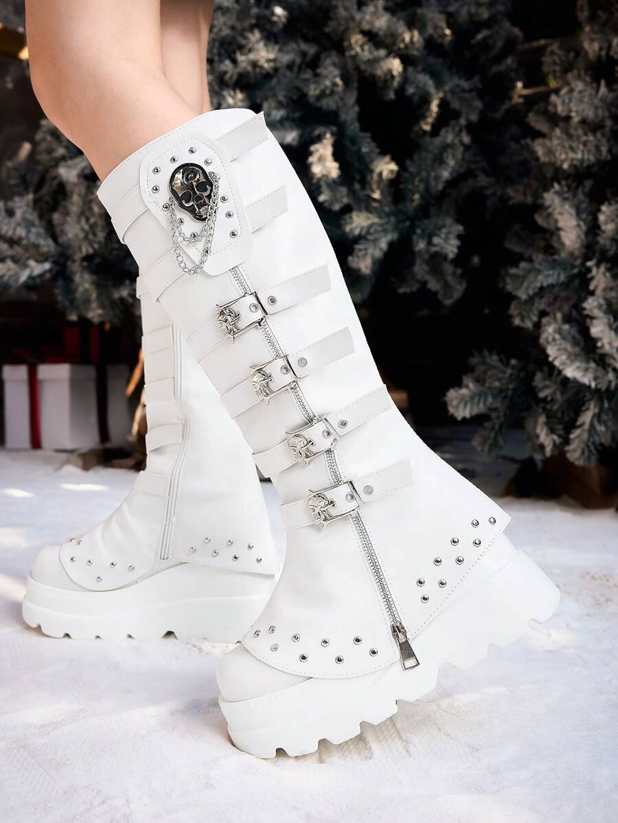 Sugerpunk Women Punk Style White Knee-High Boots With Thick Platform ...