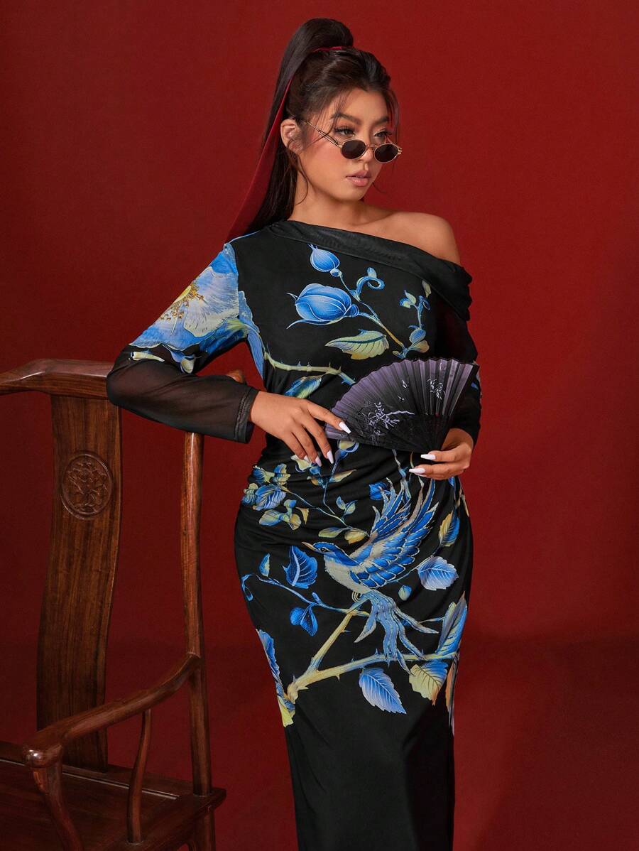 SHEIN VCAY Plus Size Mesh Floral Print Asymmetric Shoulder Long Sleeve ...