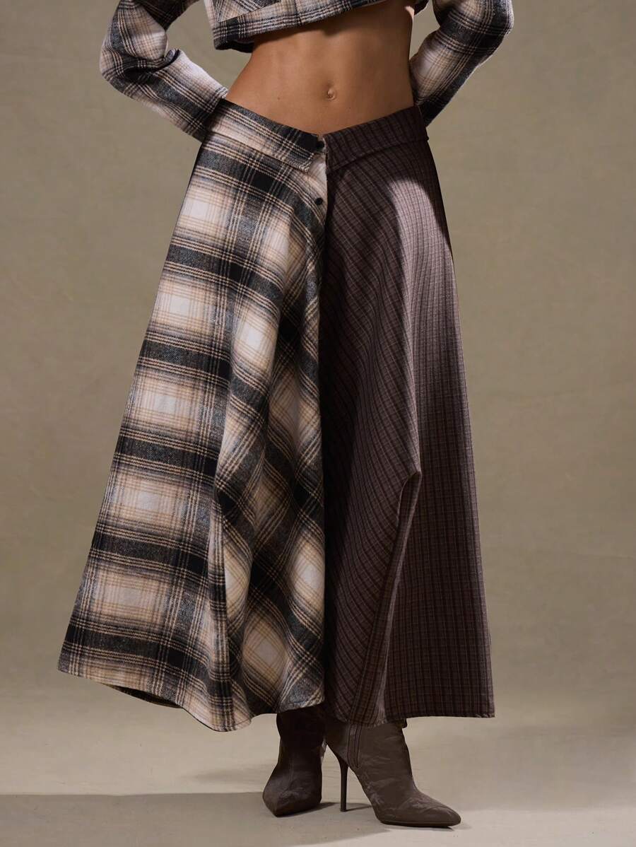 MUSERA Fold Over Split Plaid Flannel Maxi Skirt Clothes | SHEIN UK