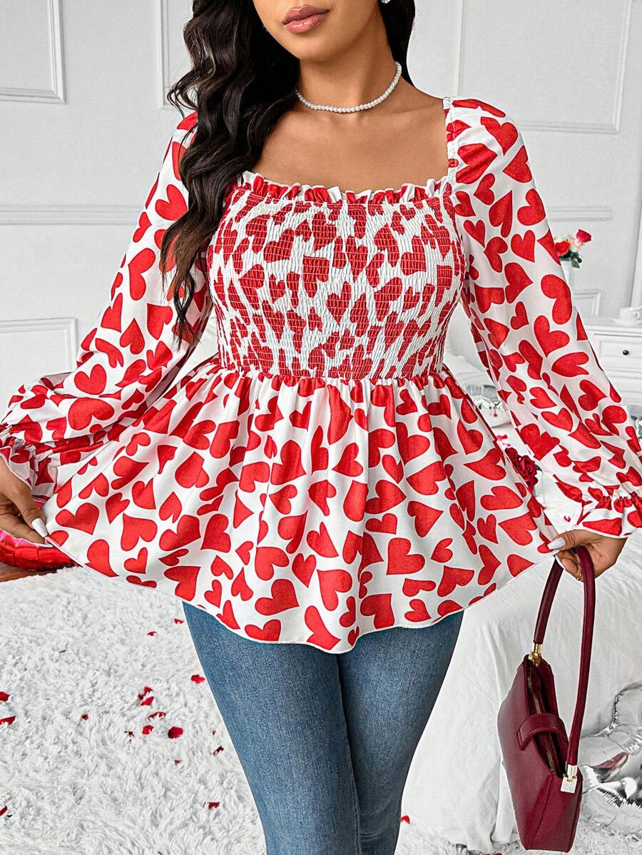 SHEIN Privé Plus Size Heart Print Crew Neck A-Line Blouse, White Base With Red Heart, Valentine ...