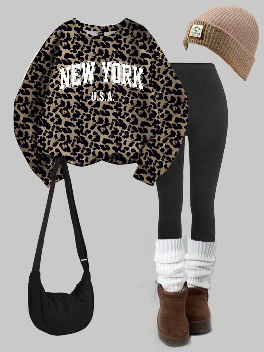 SHEIN Conjunto Casual de 2 Peças de Moletom de Gola Careca com Estampa ...