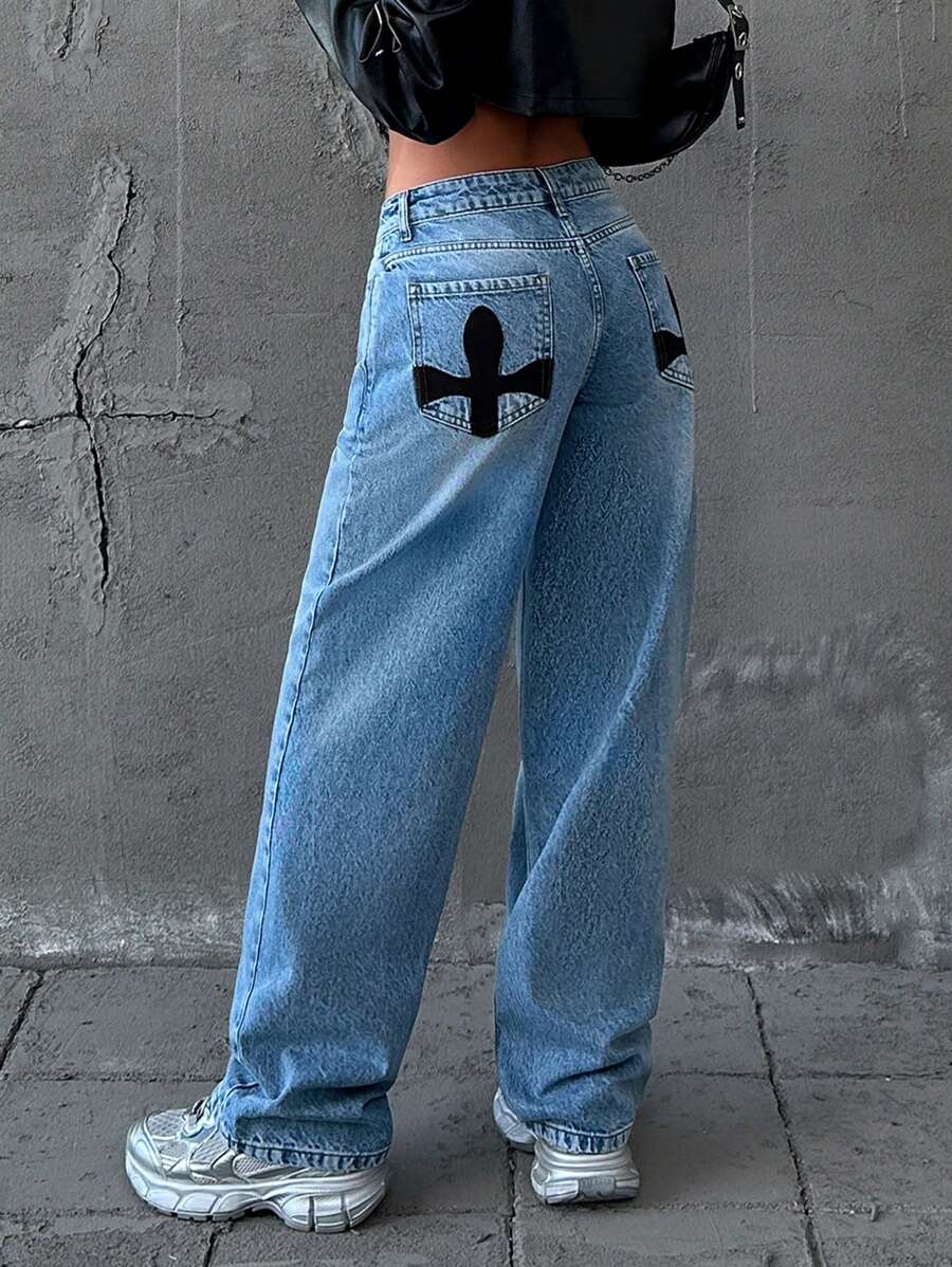 SHEIN LOW RISE STRAIGHT VINTAGE WASH Y2K Blue JEAN WITH CROSS DETAIL ...