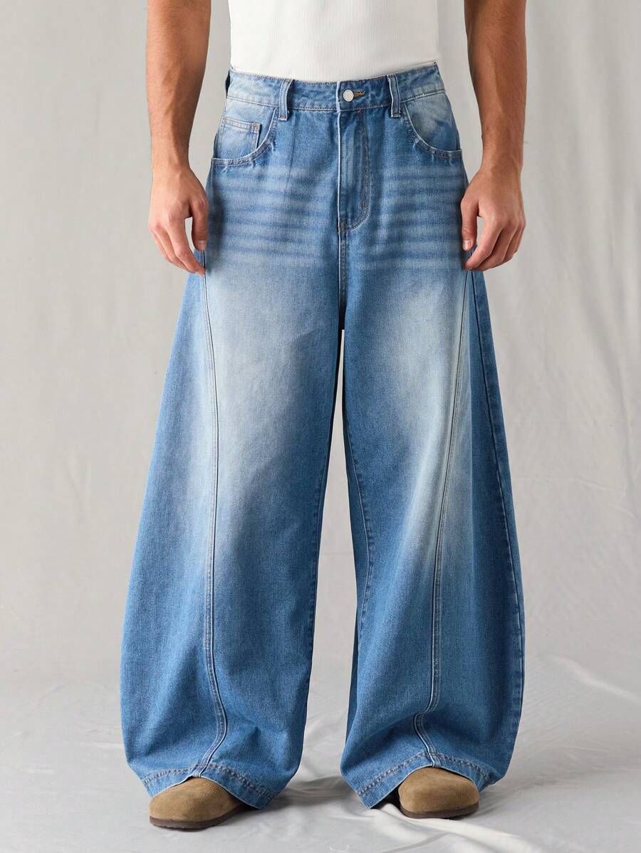 Manfinity UrbanChill Men's Medium Washed Blue Loose Flared Leg Jeans ...