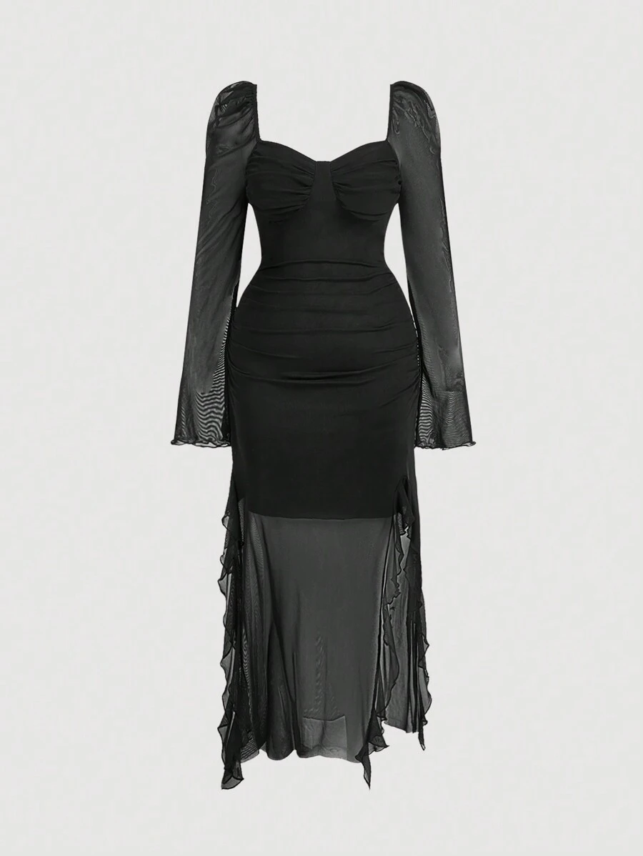 SHEIN MOD Plus Size Women's Black Sheer Mesh Long Sleeve Prom Dress ...