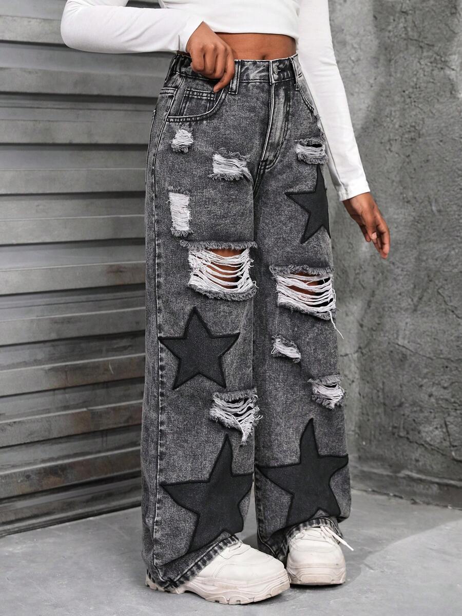 SHEIN Y2K Grunge Punk Girls' Loose Fit Distressed Star Patched Contrast ...