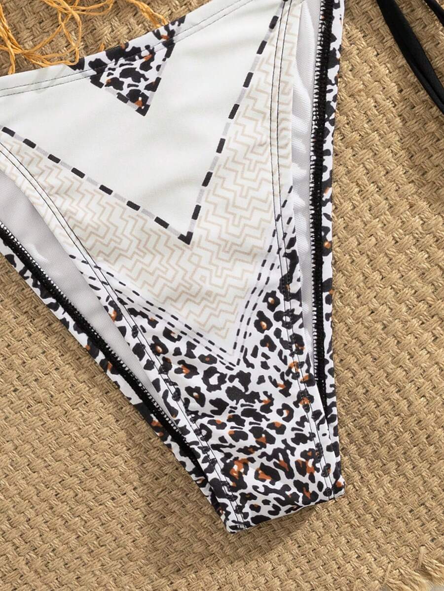 Leopard Print Plaid Patchwork Beach Outfit, 2 Pieces Set Swimsuit For ...