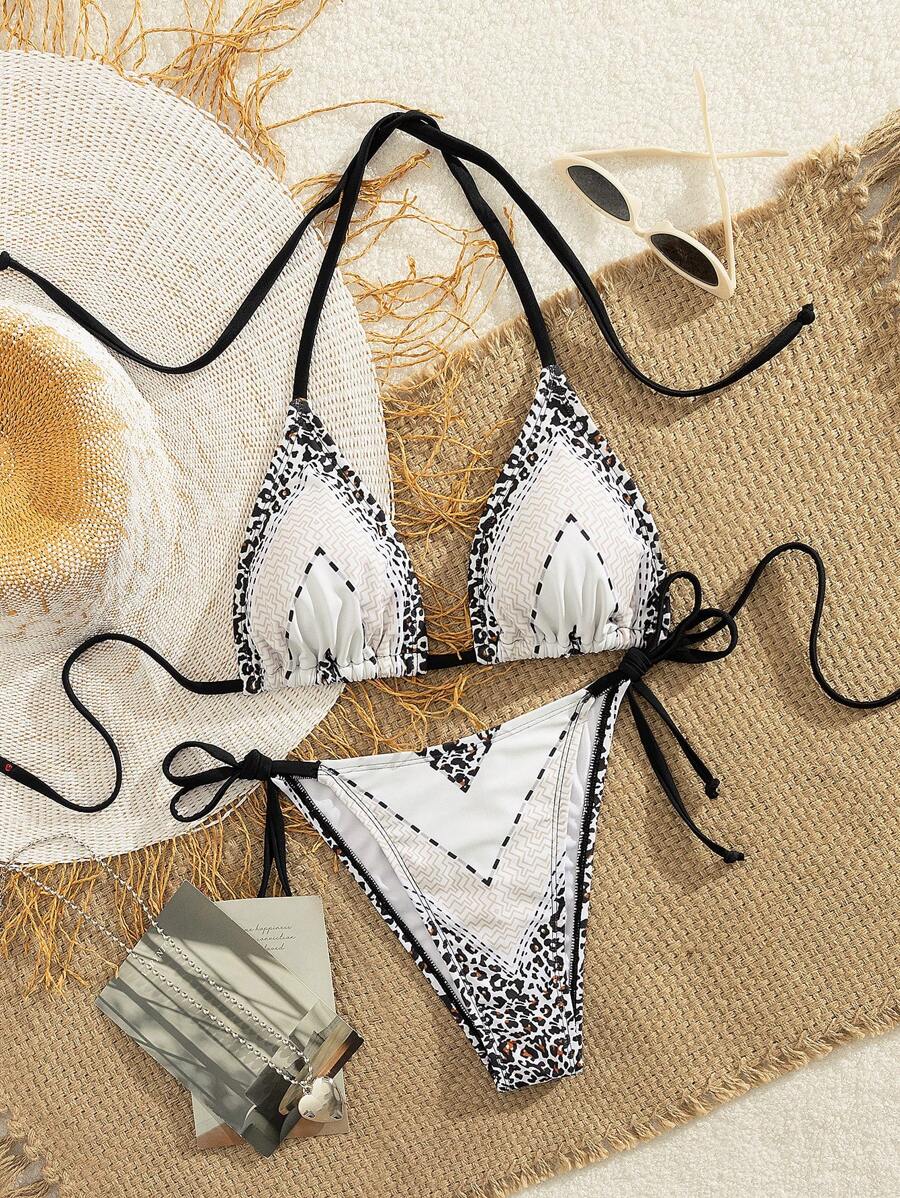 Leopard Print Plaid Patchwork Beach Outfit, 2 Pieces Set Swimsuit For ...