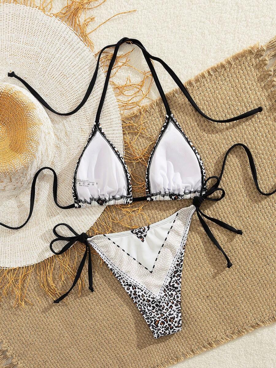 Leopard Print Plaid Patchwork Beach Outfit, 2 Pieces Set Swimsuit For ...