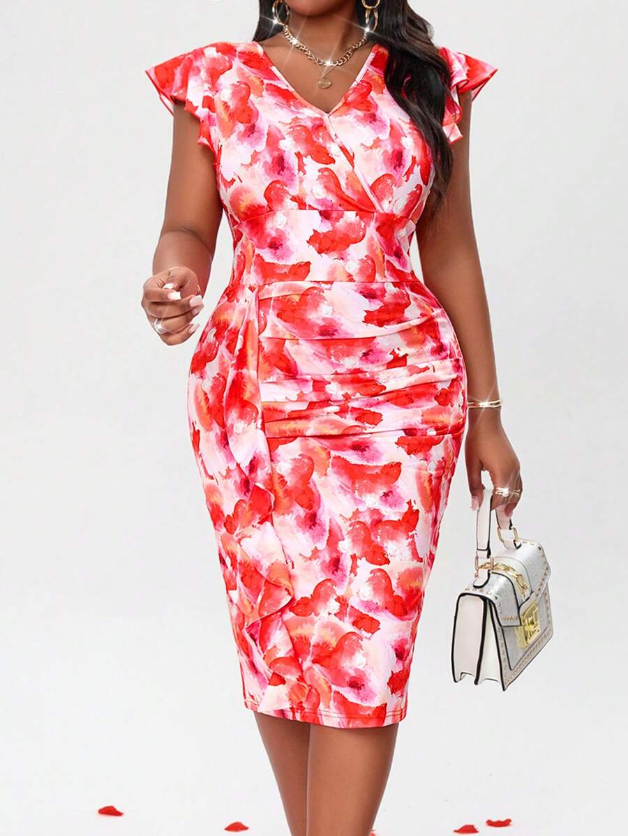 SHEIN Lady Plus Size Women Floral Print V-Neck Cap Sleeve Ruched Elegant Midi Dress, Suitable ...
