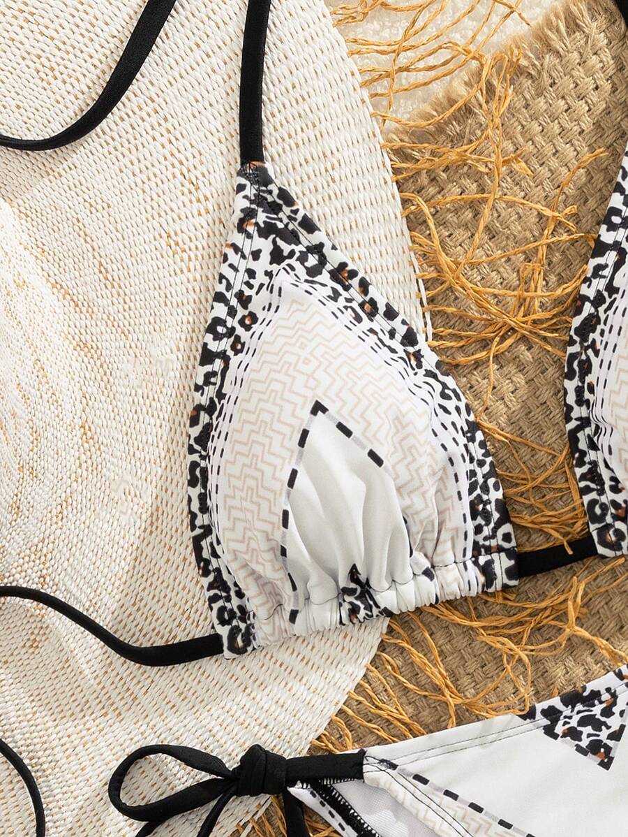 Leopard Print Plaid Patchwork Beach Outfit, 2 Pieces Set Swimsuit For ...