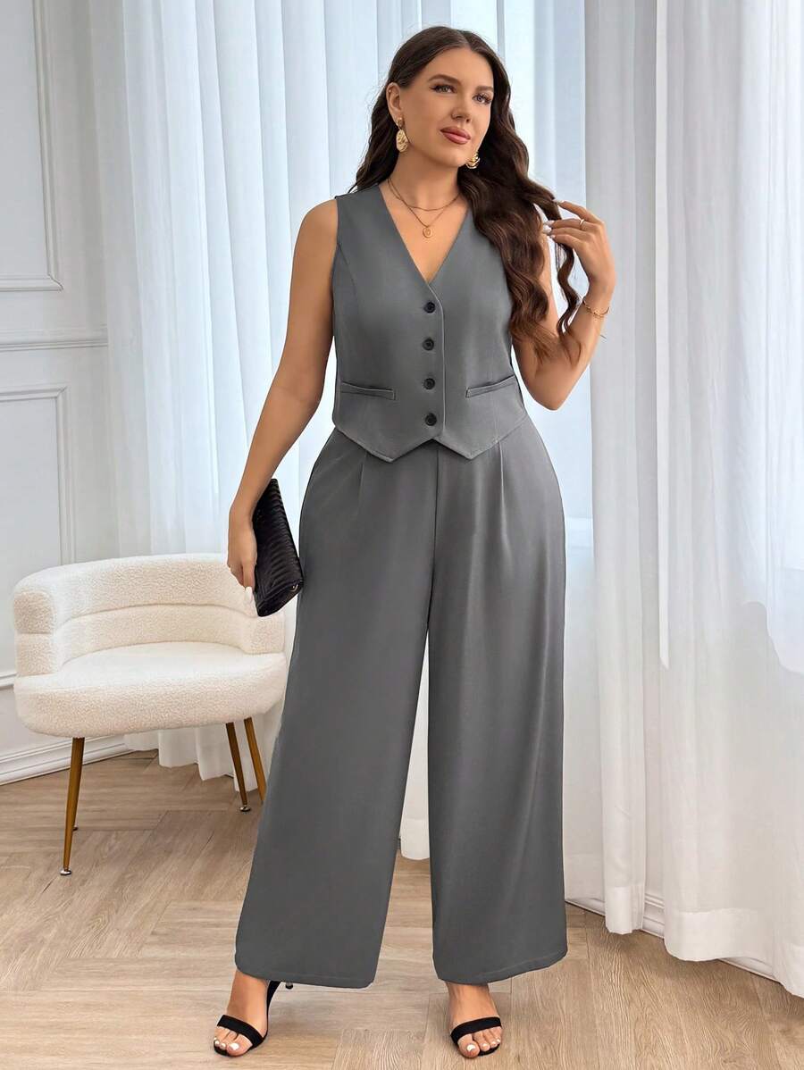 SHEIN Frenchy Plus Size Women Single Button Vest And Pleated Wide Leg ...