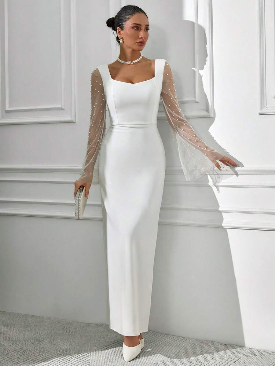 Elegant Party Pearl Beaded Mesh Splice Flared Sleeve Dress | SHEIN USA