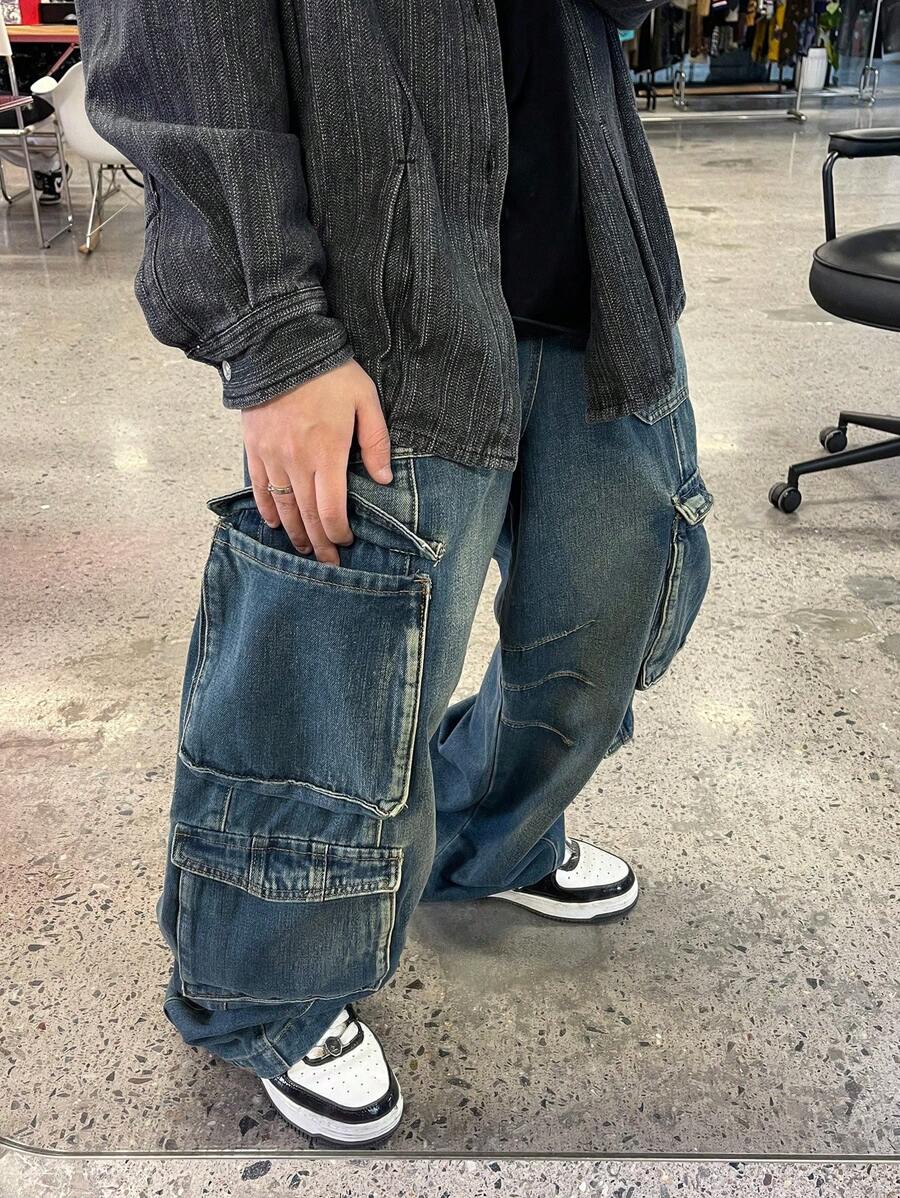 Manfinity EMRG Men's Relaxed Fit Faded Cargo Denim Jeans | SHEIN USA