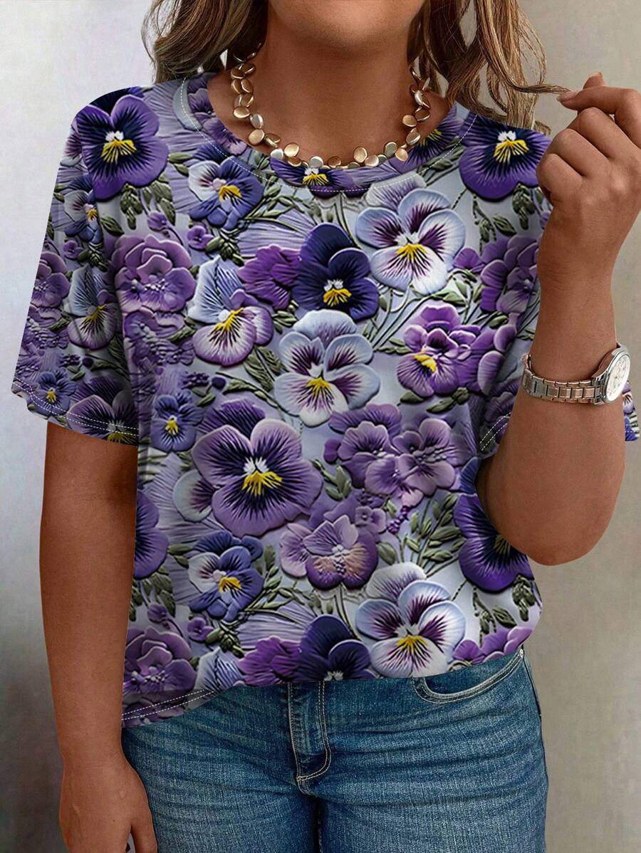 Plus Size Vintage Elegant Floral Print Casual Short Sleeve T-Shirt ...