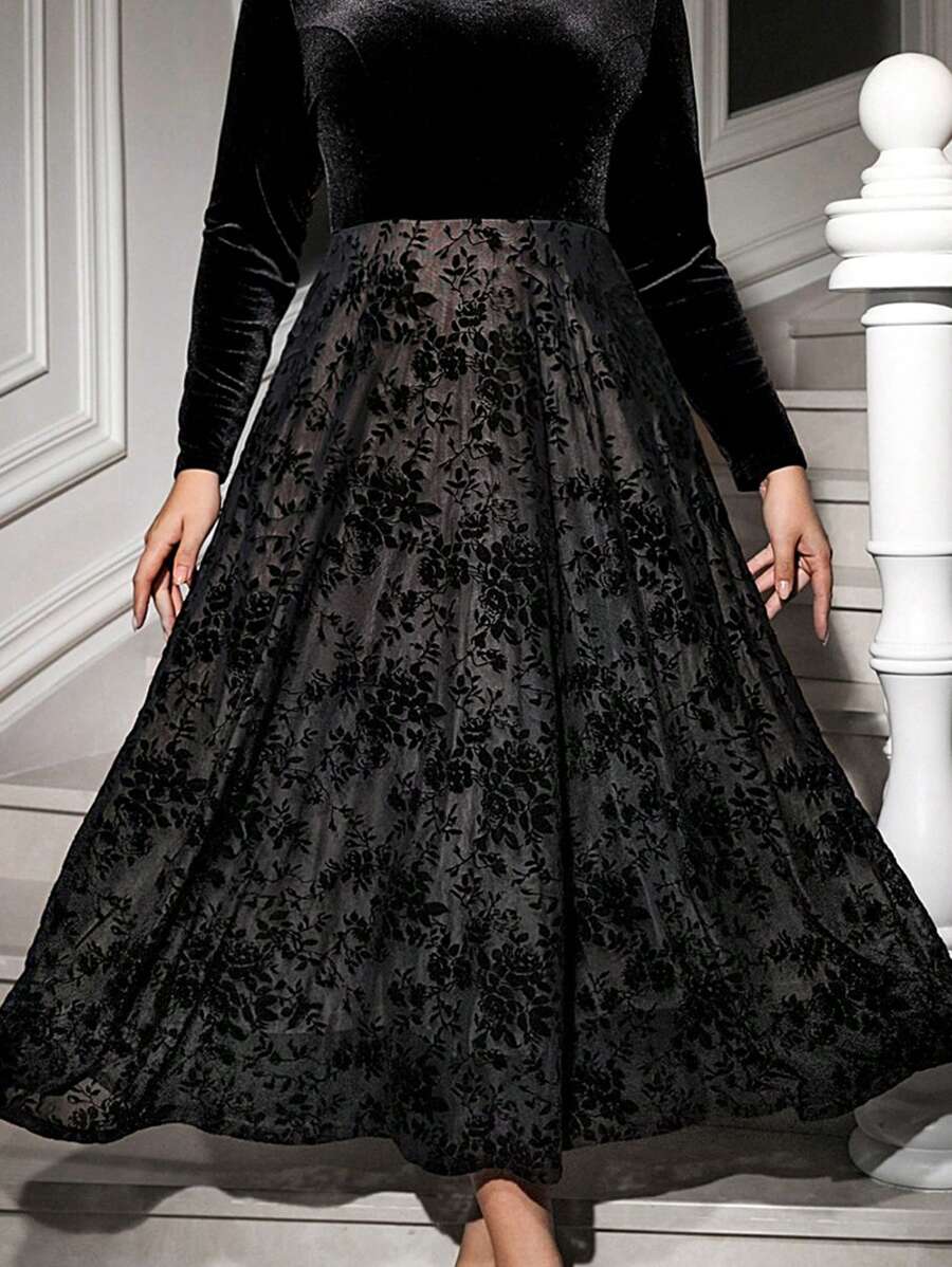 SHEIN Clasi Women's Elegant Long Flocked Patchwork Plus Size Dress ...