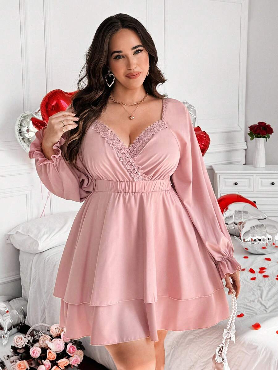 Shein Frenchy Plus Size Casual Lace Patchwork V Neck T Shirt With