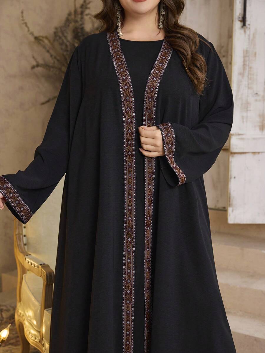 SHEIN Najma Long Sleeve Lace Trim Abaya Robe | SHEIN UK