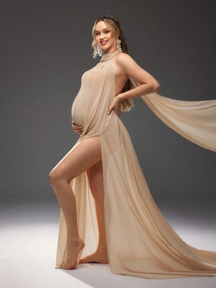 Cheriluna Maternity Solid Color Mesh Halter Sexy & Elegant Photo Shoot Outfit For Maternity ...