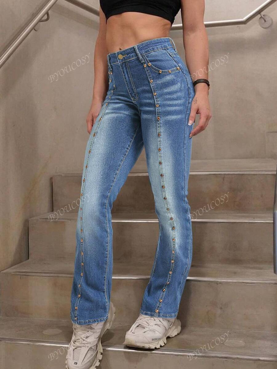 Women's Punk Rock Beaded Elastic Slim Fit Flared Bootcut Jeans Cowgirl ...