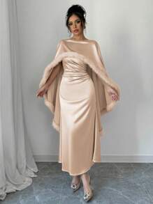 SHEIN Unity Elegant Fur Trim Shawl Evening Dress | SHEIN USA