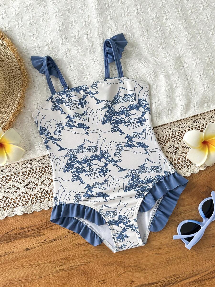 SHEIN 1pc Young Girl Vintage Landscape & Flower Print One-Piece ...