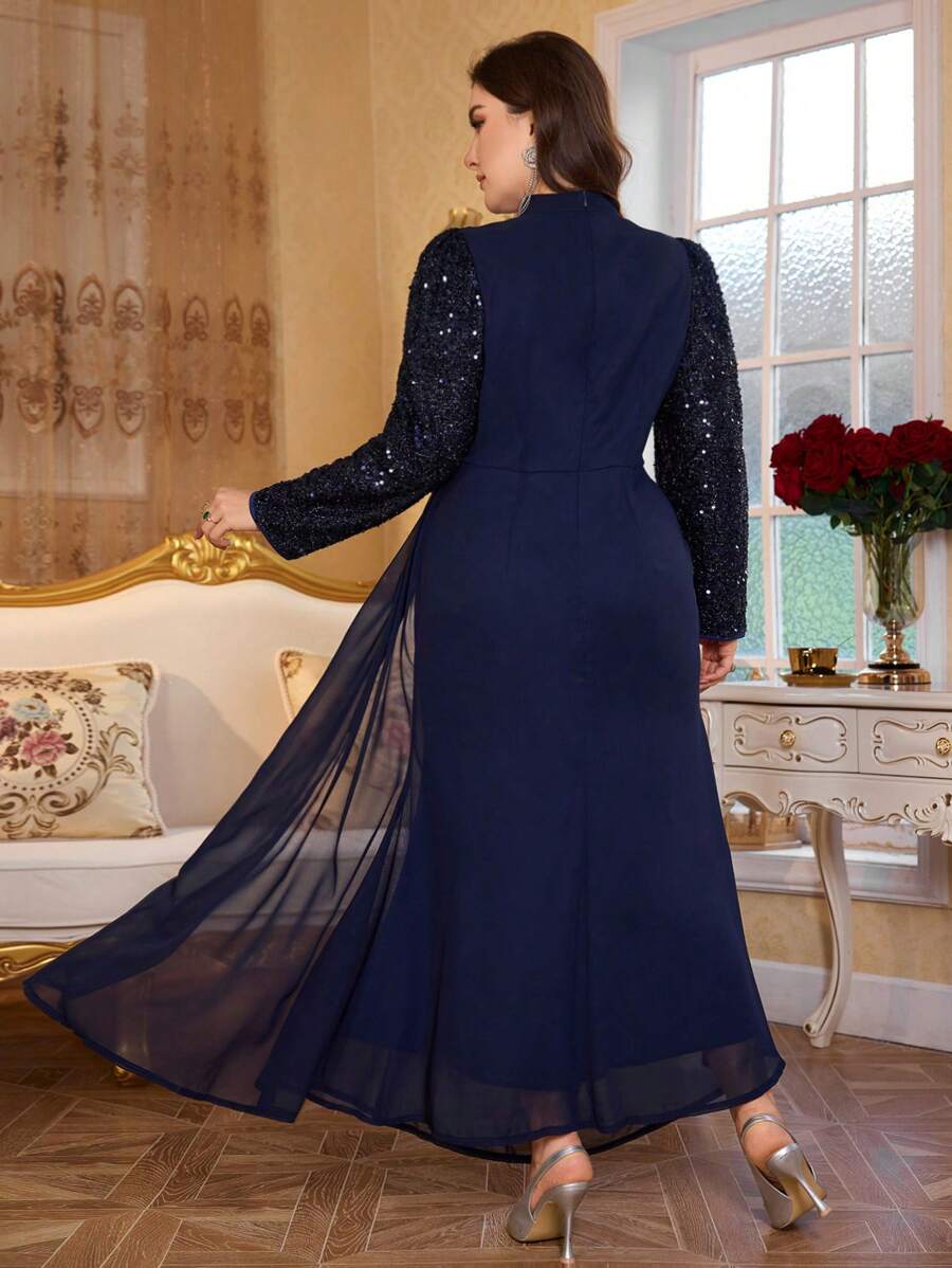 SHEIN Modely New Sequin Patchwork Stand Collar Long Sleeve High-End ...