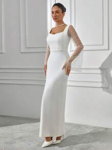 Elegant Party Pearl Beaded Mesh Splice Flared Sleeve Dress | SHEIN USA