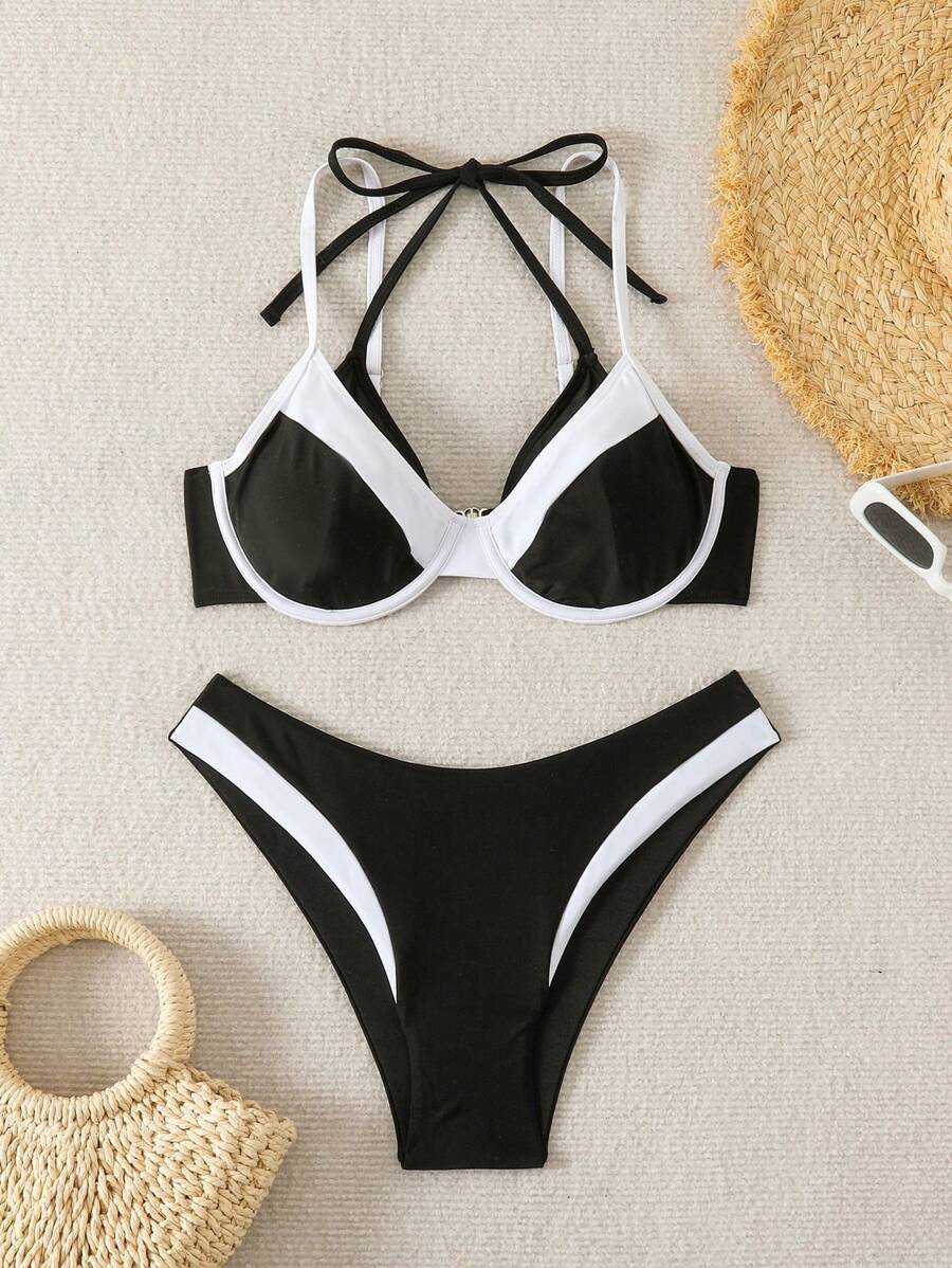 Black & White Patchwork Underwire Adjustable Strap Sexy Two-Piece Swimsuit Set For Women, Beach ...